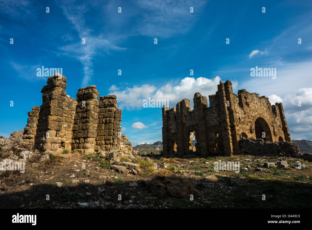 Ruins of the greco-roman acropolis city of Aspendos in Turkey Stock ...