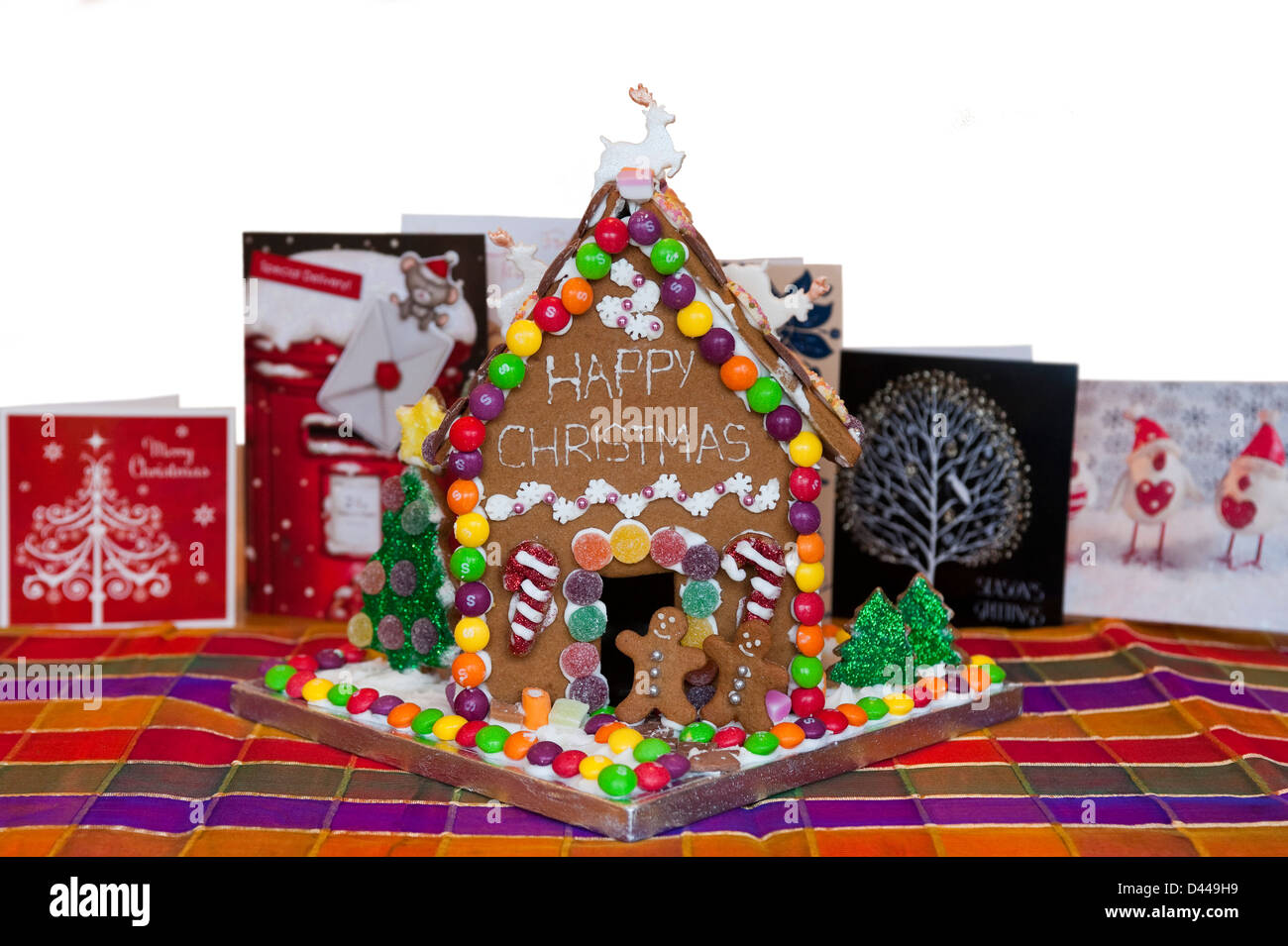 Horizontal close up of a Gingerbread house decorated for Christmas with ...