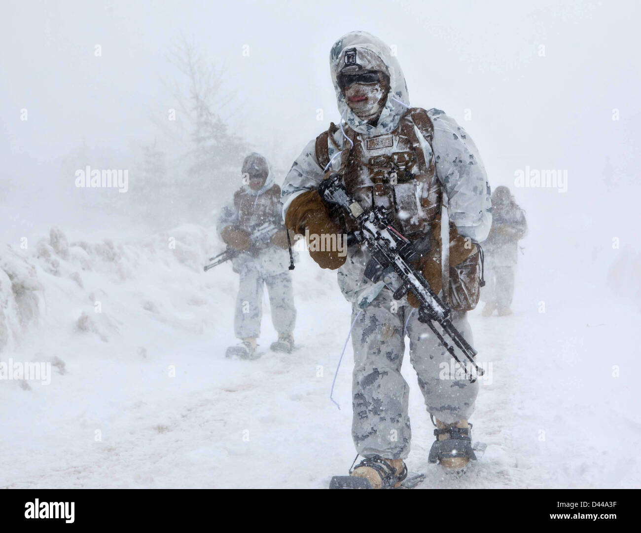 US Marines patrol through white out conditions during winter exercises ...