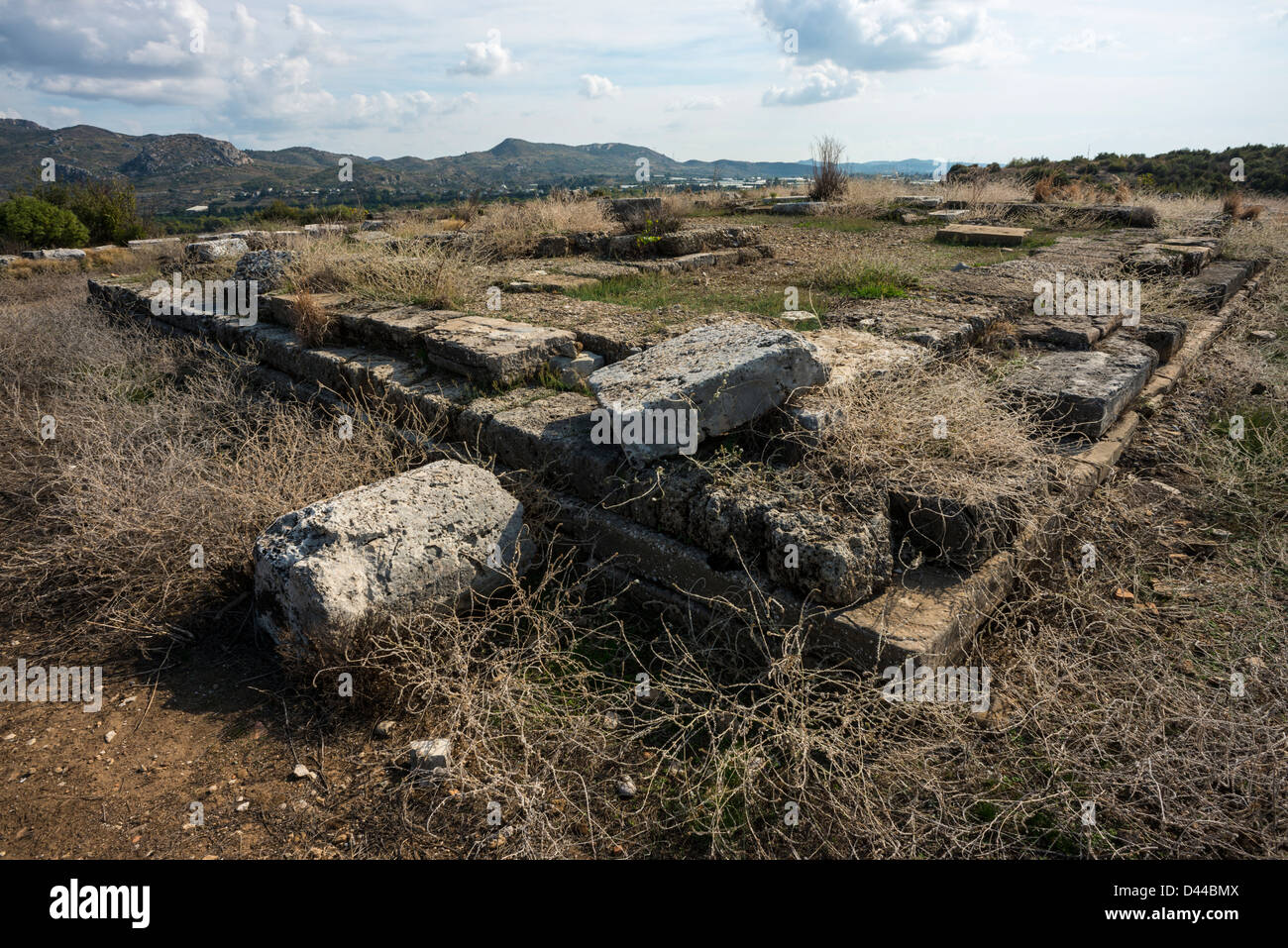 Remains of a temple plinth at the acropolis city of Aspendos in Turkey ...