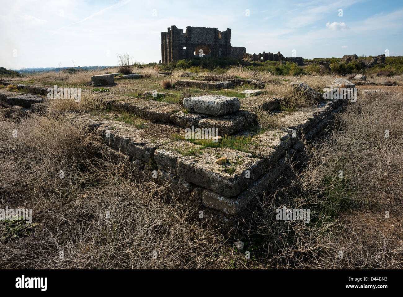 Remains of a temple plinth at the acropolis city of Aspendos in Turkey ...