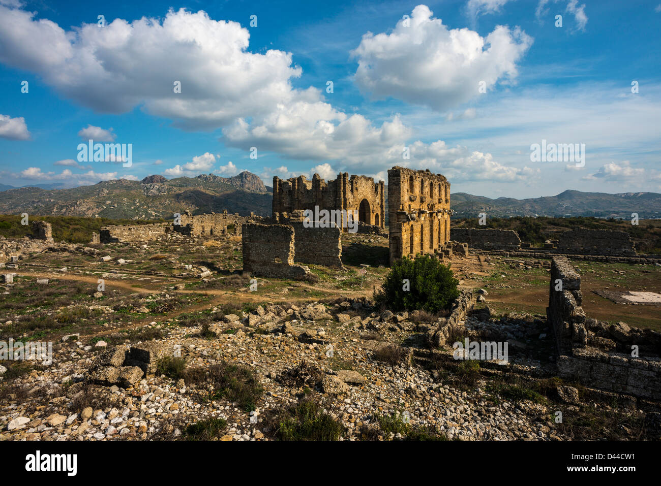 Remains of the greco-roman acropolis city of Aspendos in Turkey Stock ...