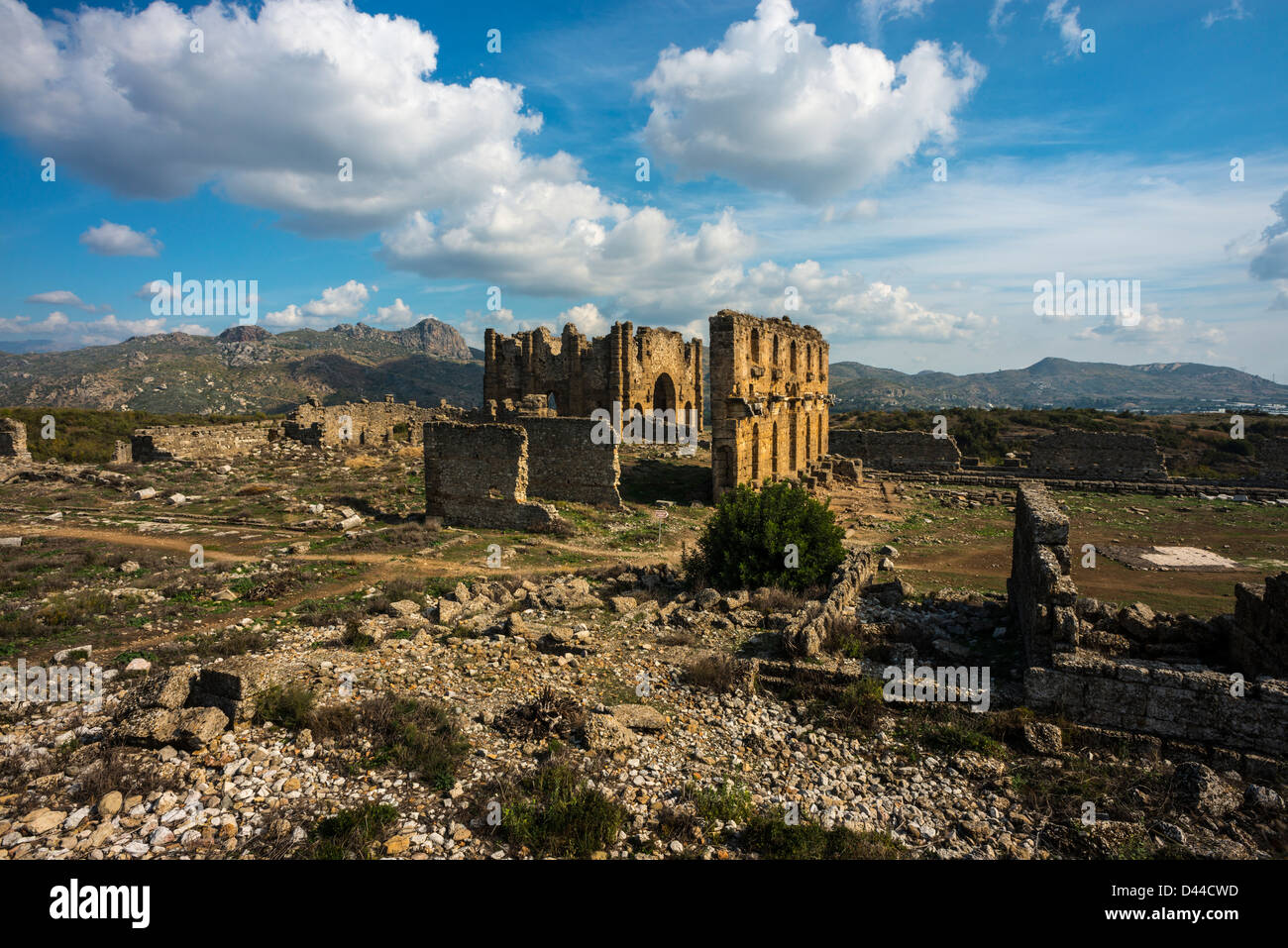 Remains of the greco-roman acropolis city of Aspendos in Turkey Stock ...