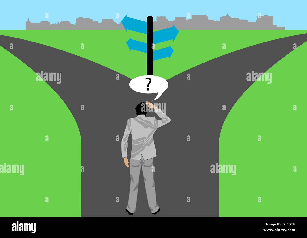 Stock illustration of a man getting confuse on spit road, as a symbol ...