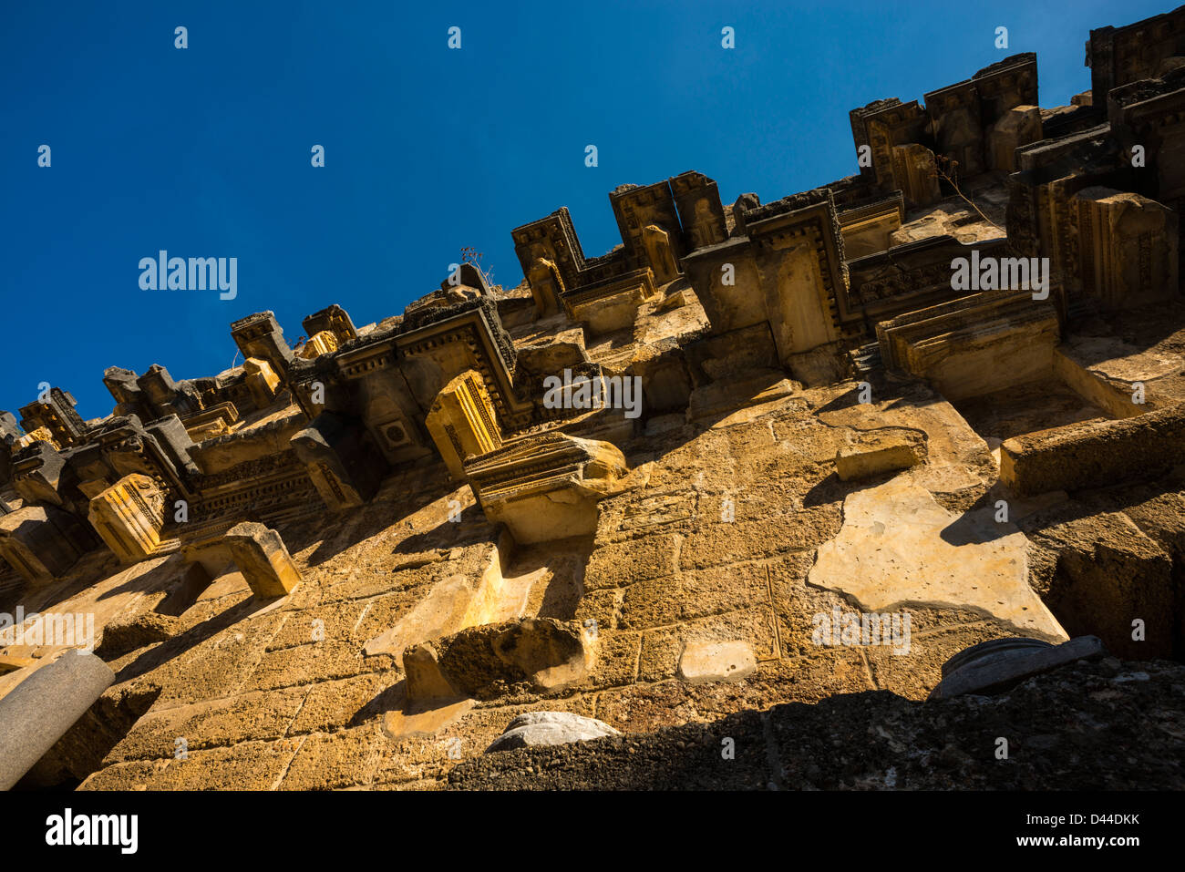 The back wall of the stage at the roman theatre at Aspendos which once ...