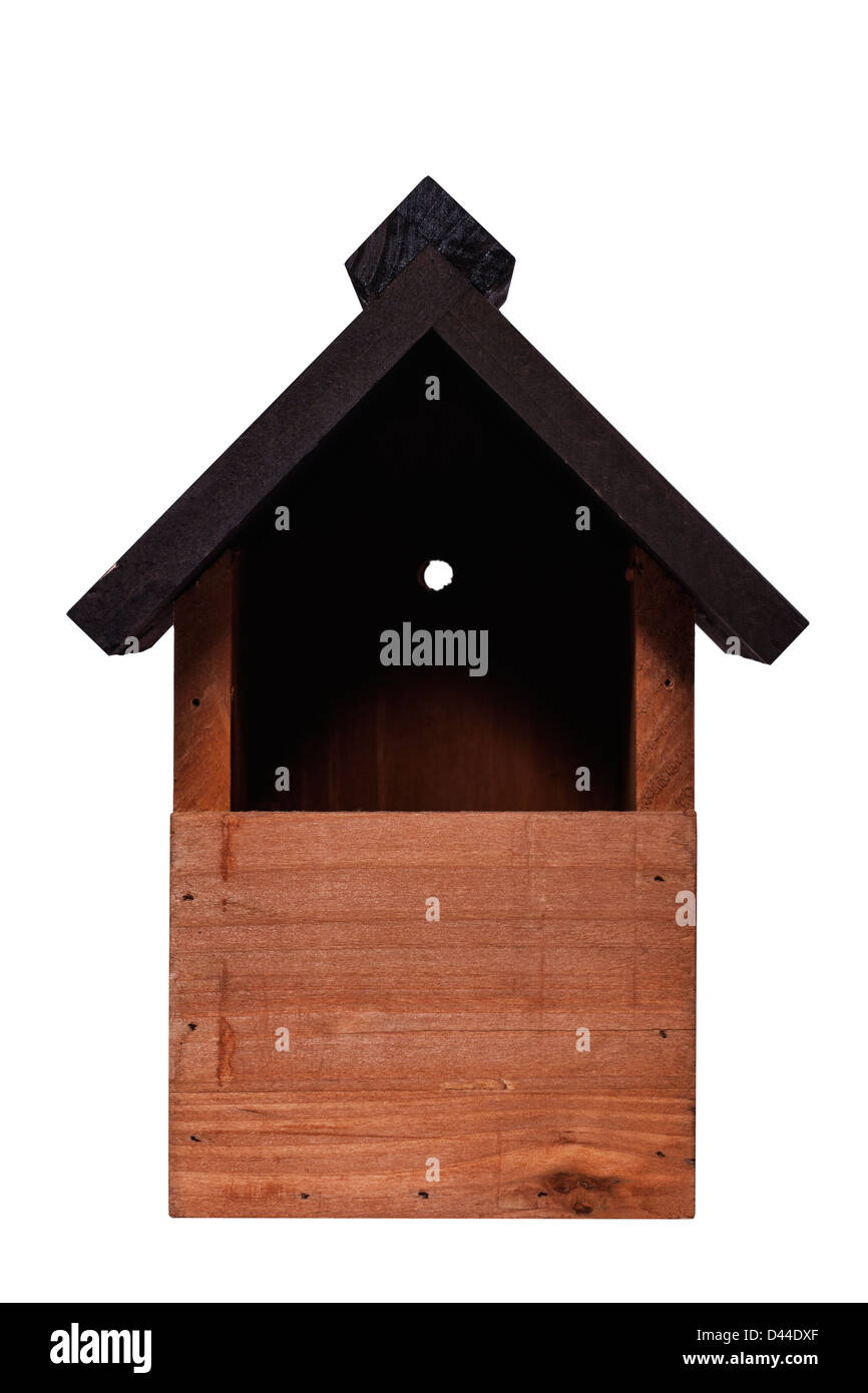 A wooden nesting box for garden birds including Robins on a white ...