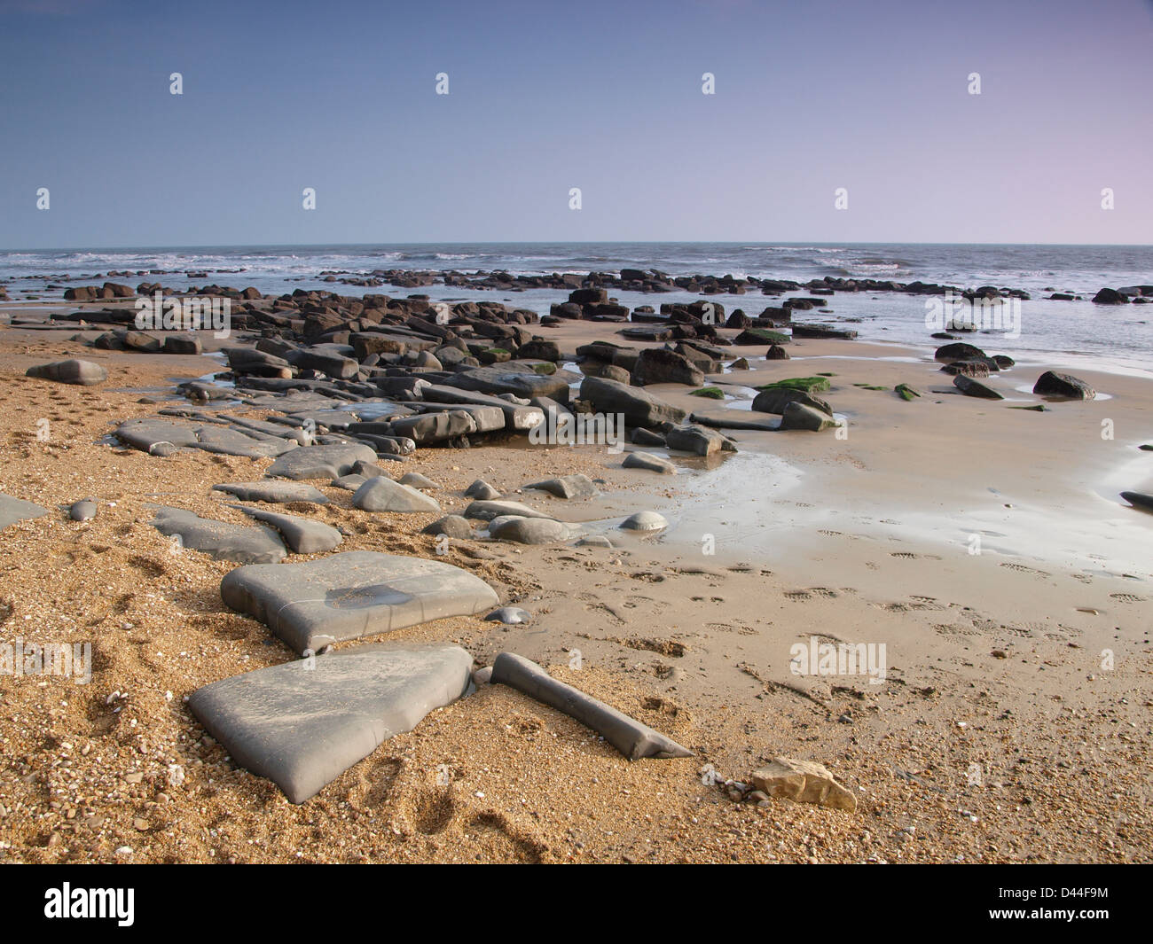 Footprints in the sand with rock pools at low tide Stock Photo - Alamy