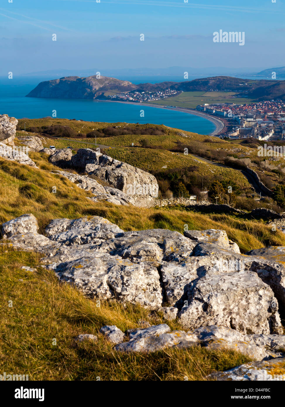 View from the Great Orme a limestone headland above Llandudno Conwy North Wales with Little Orme ...