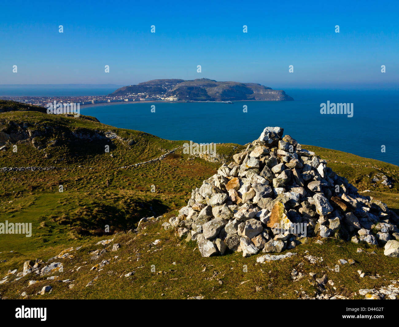 Cairn on top of the Little Orme a limestone headland near Llandudno Conway North Wales UK with ...
