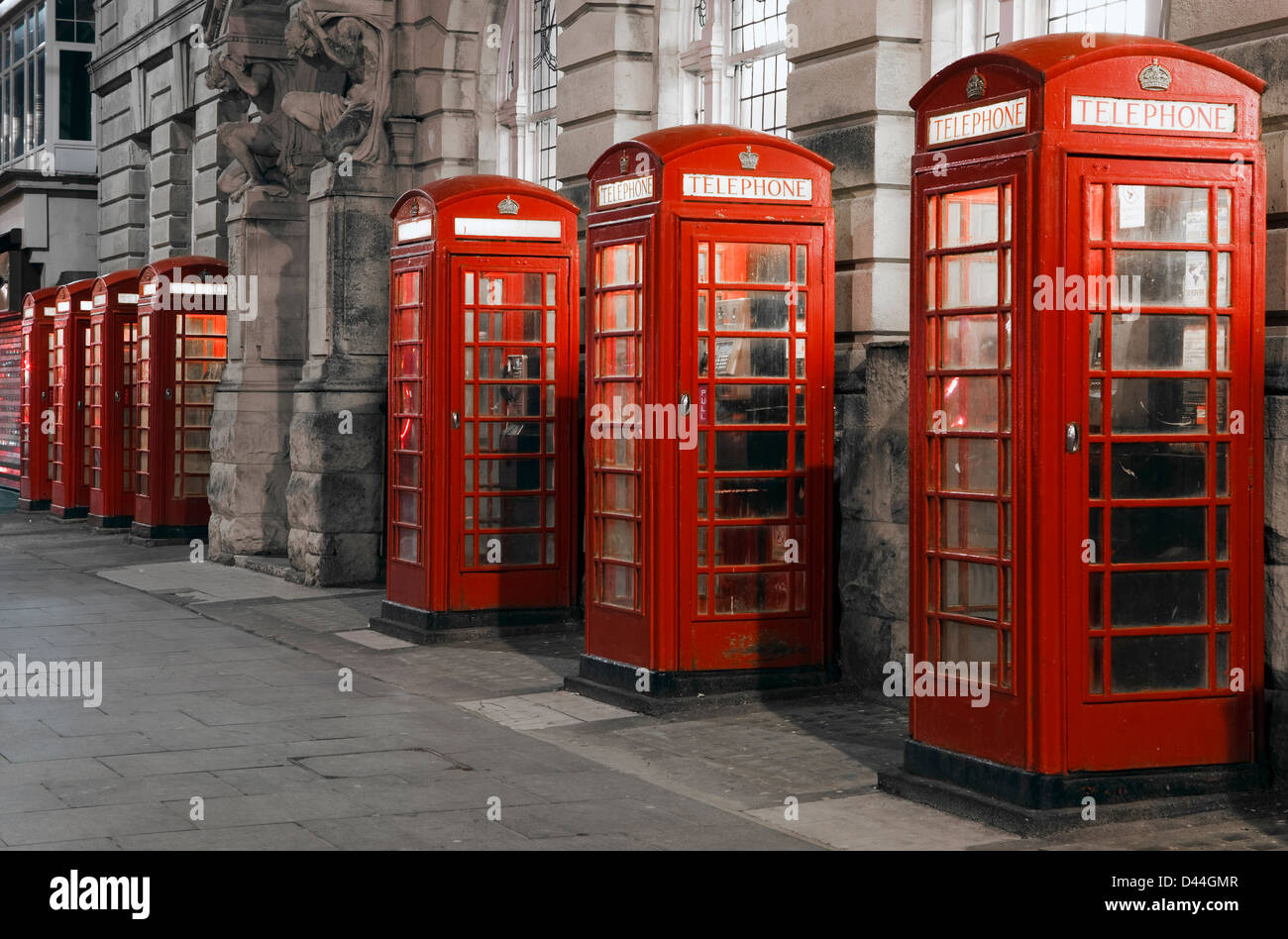 8 K6 Telephone Boxes designed in 1935 by Sir Giles Gilbert Scott, outside the General Post ...