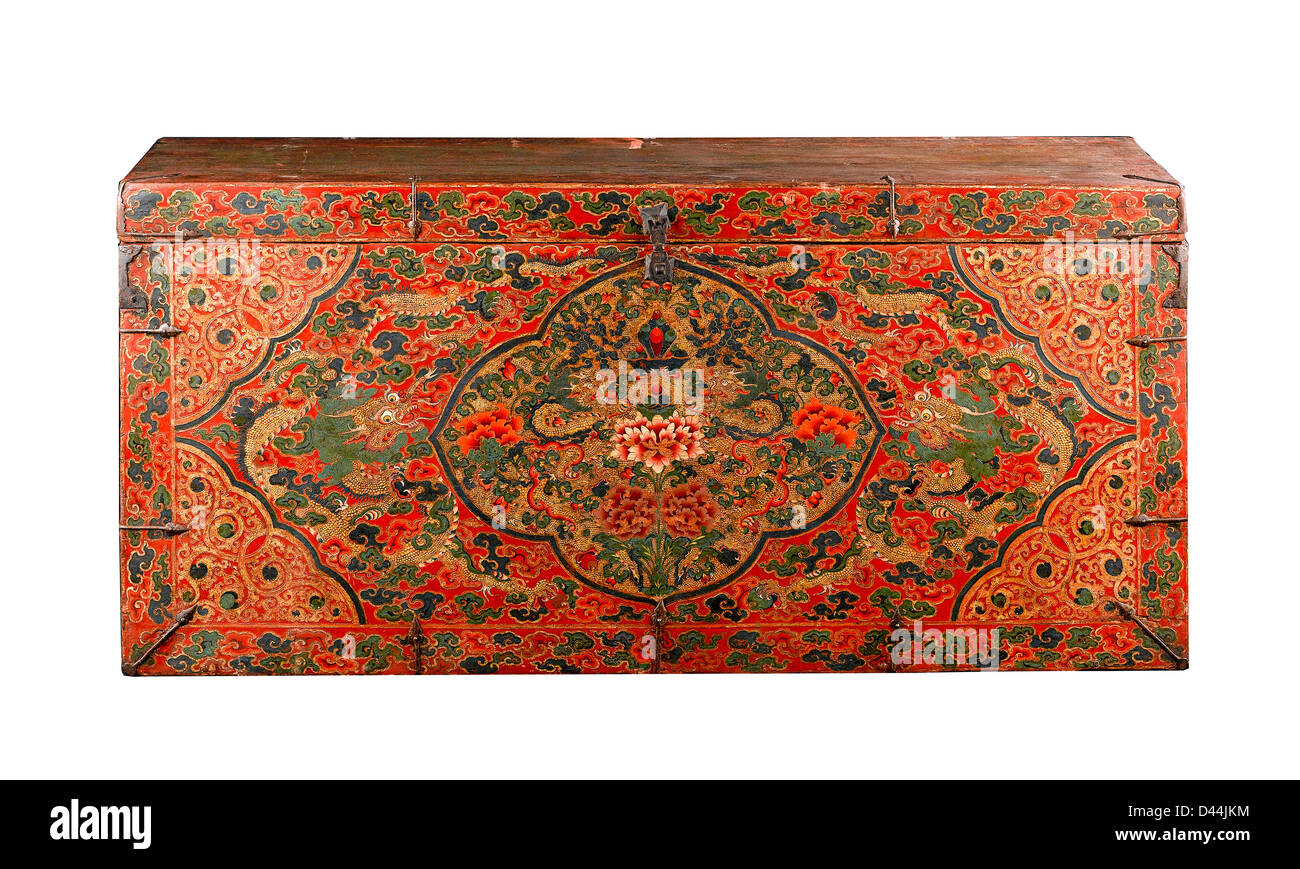 Ancient painting wooden box from Tibet isolated on white background ...