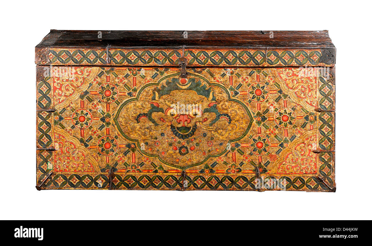 Ancient wooden box from Tibet and the painting telling story about ...