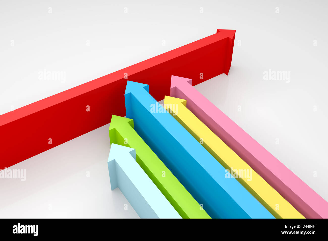 3d render illustration of a red arrow blocking the way of other arrows ...