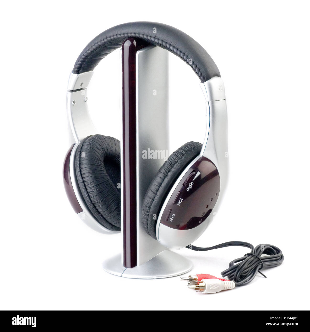 Modern audio player and headphone set isolated on white background ...