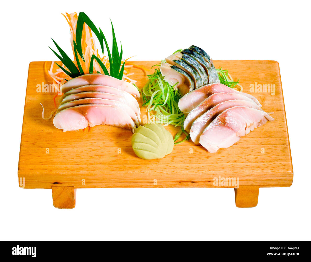 Slice Saba fish on the wooden bench one of sushi Japanese menu isolated ...