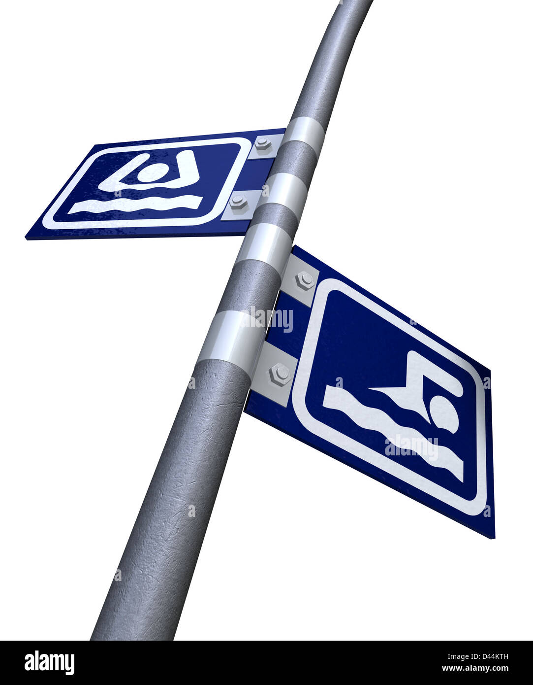 Two opposite facing street pole signs with white icons on blue ...