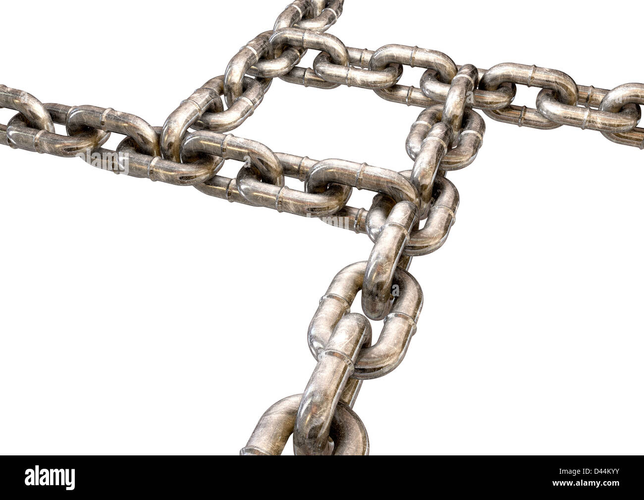 A perspective view of four metal chains interlinked with each other on ...