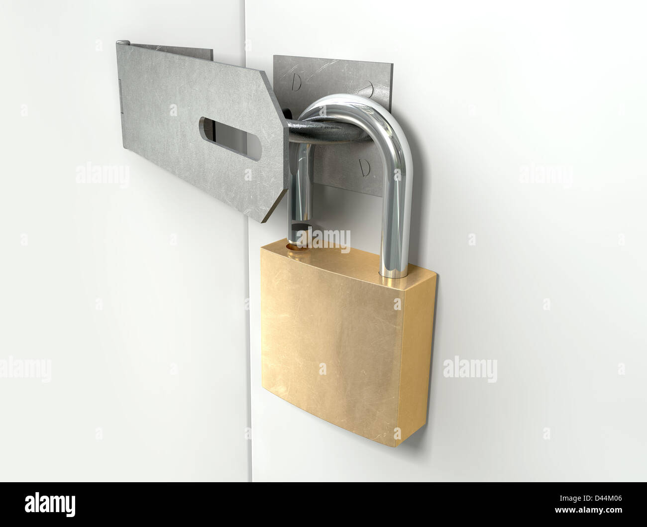 A perspective view of a regular metal hasp open with an open brass ...