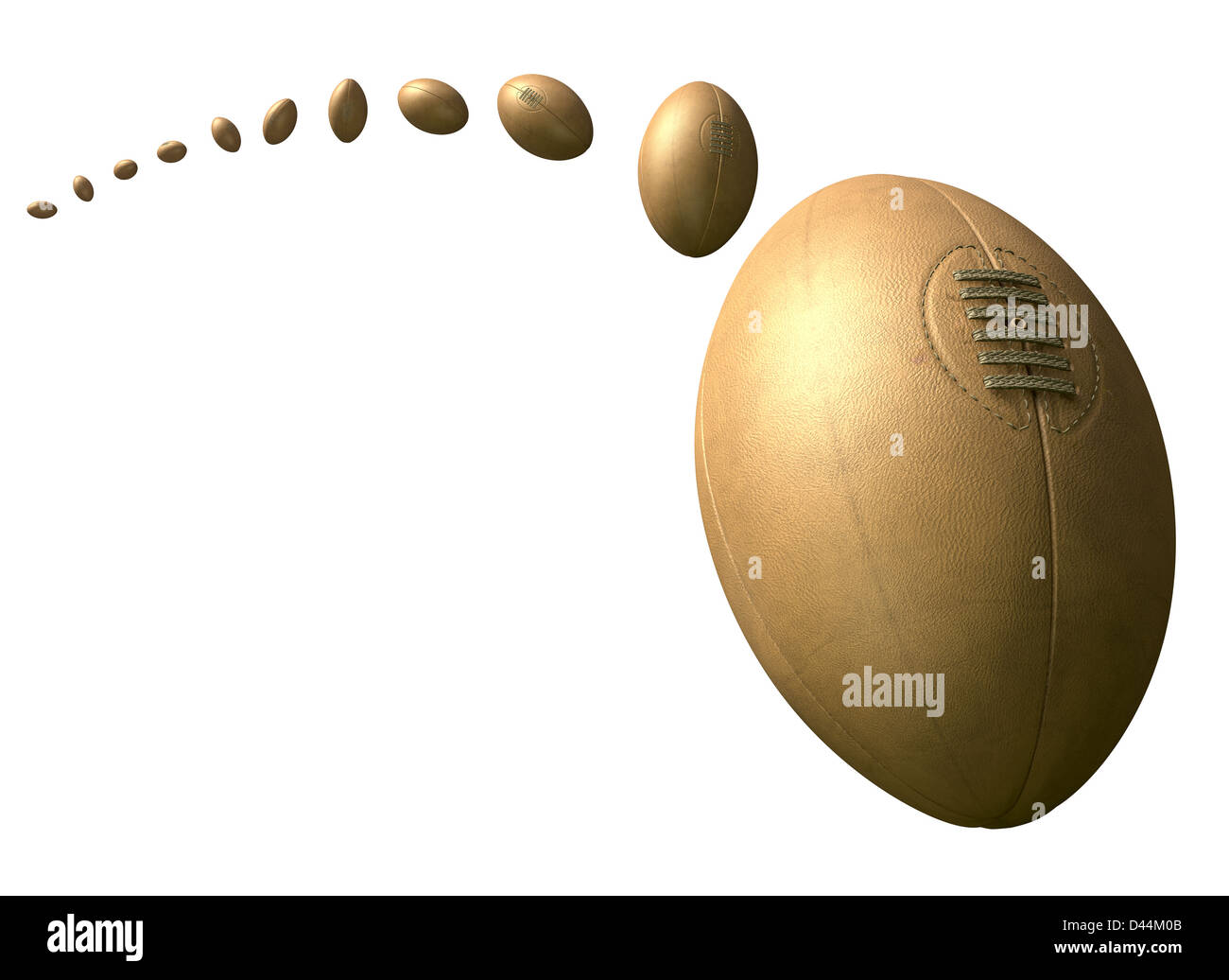 A retro classic rugby ball with the balls flight path plotted through ...