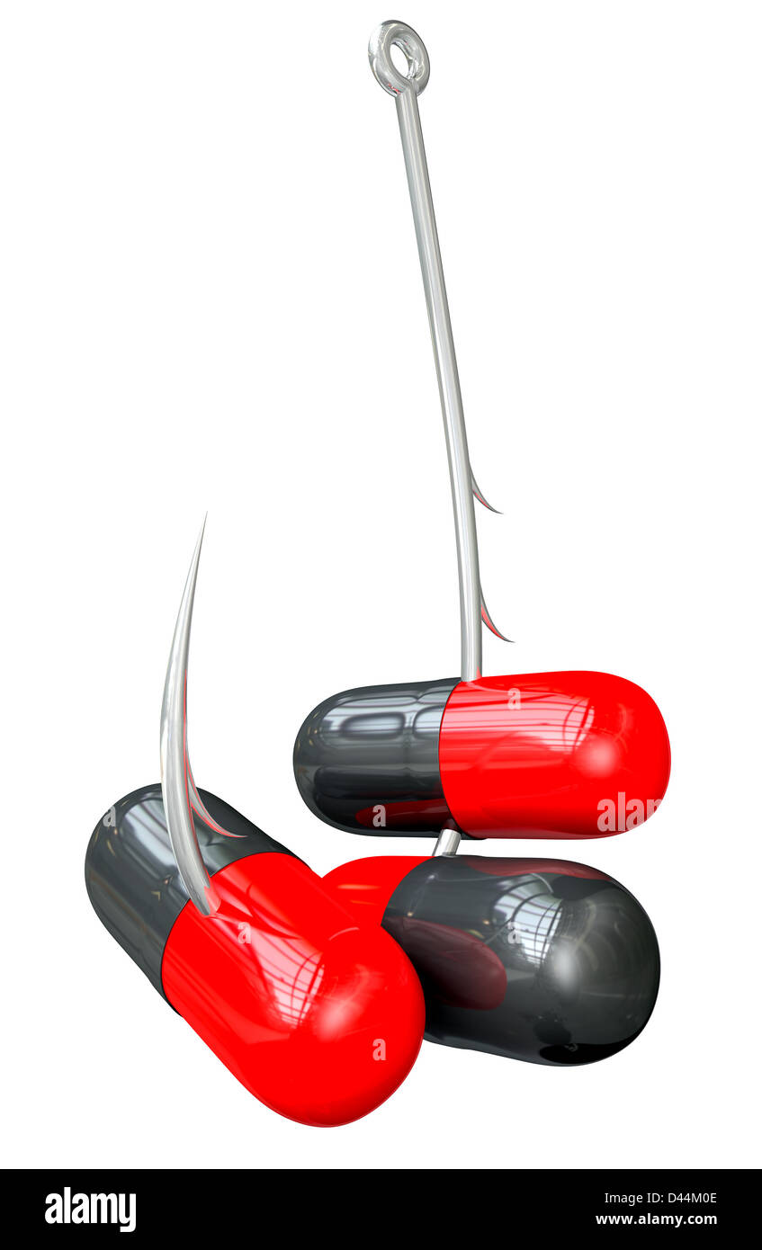 A literal description of a metal fishing hook hooked onto three red and ...