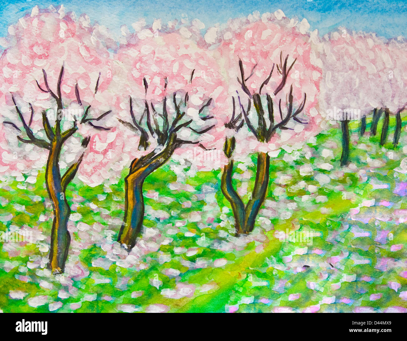 Hand painted illustration - spring landscape pink cherry garden in ...