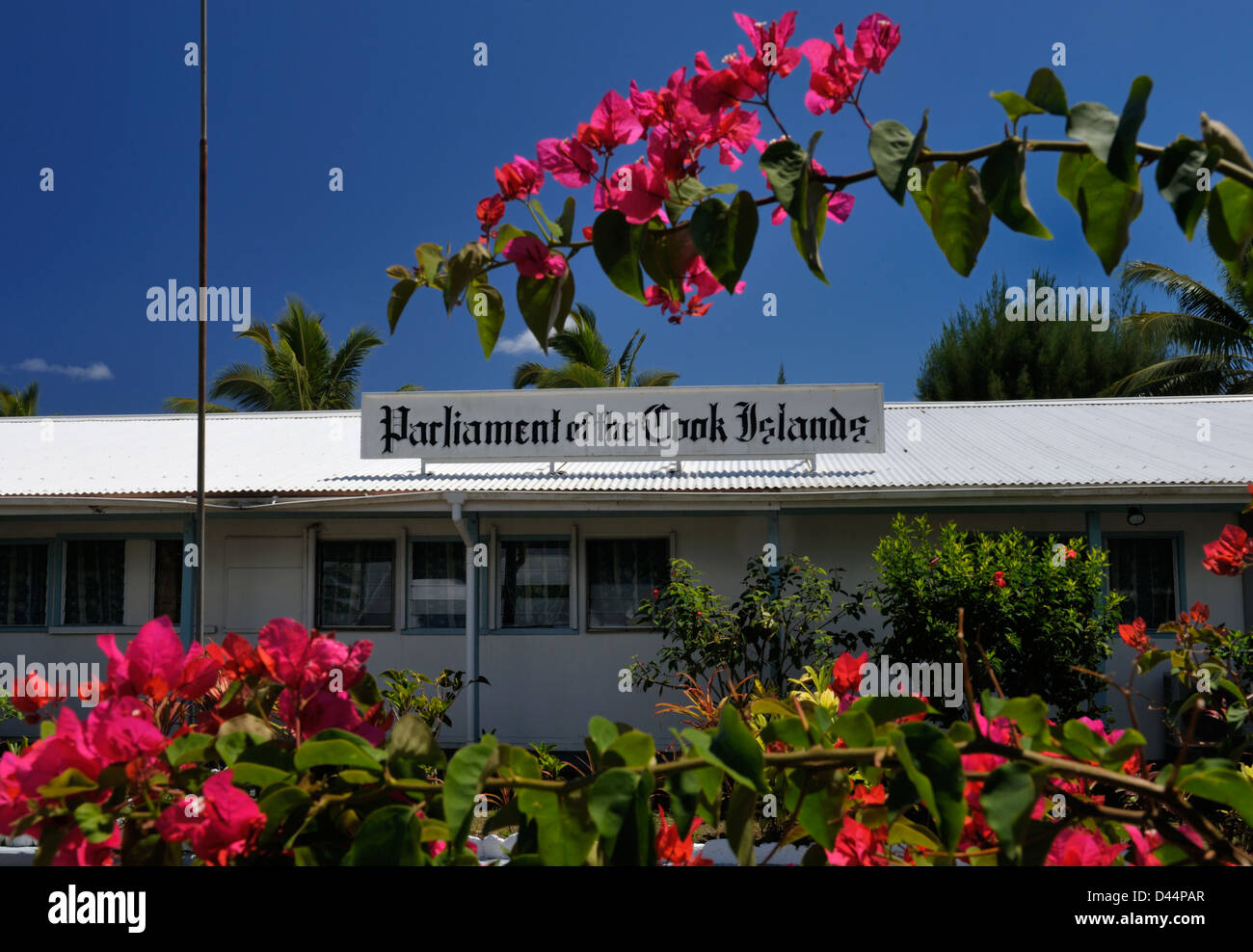 Exterior of Cook Islands' Parliament in Rarotonga, the tin roofed ...