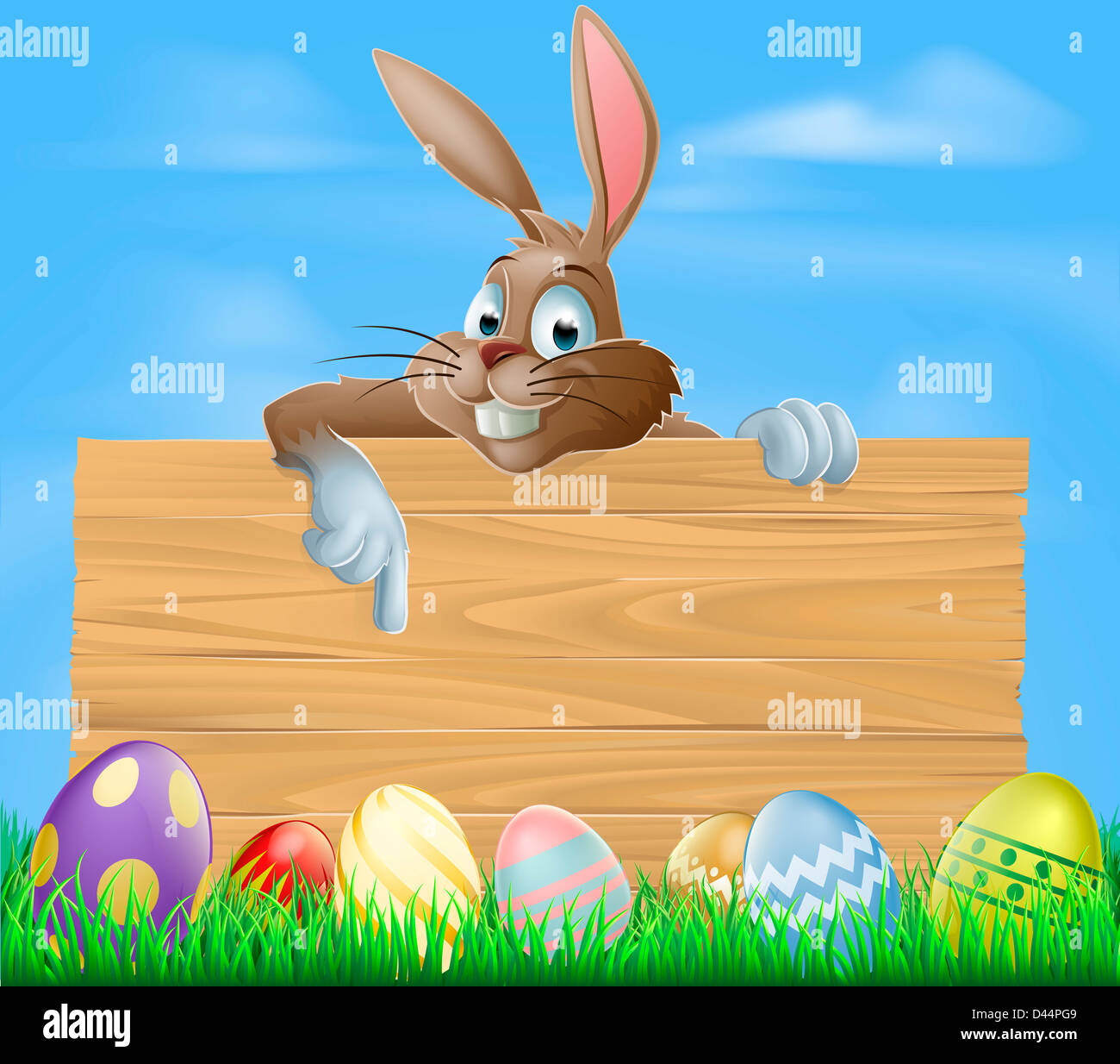 Cartoon Easter bunny pointing at blank wooden sign with painted ...
