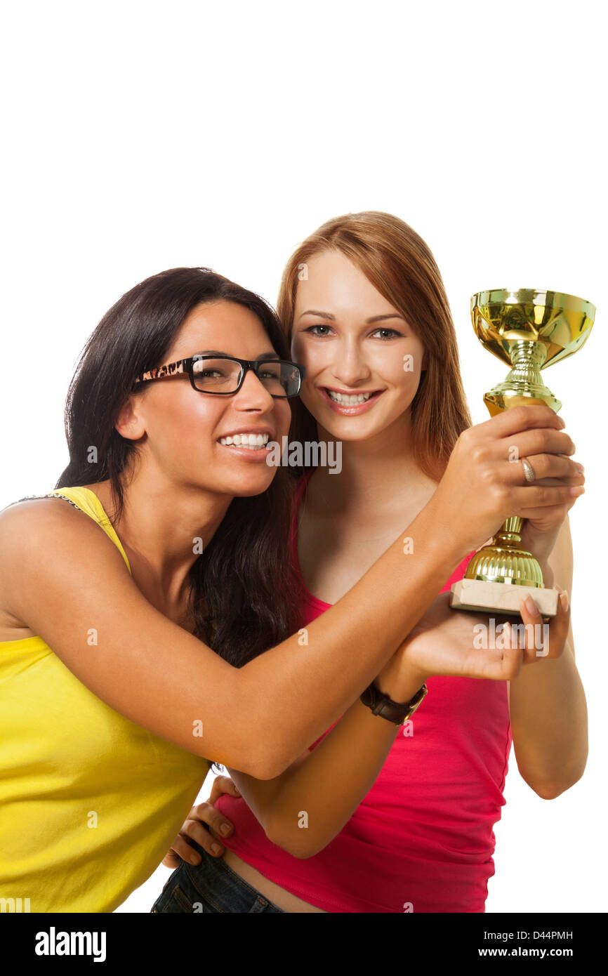 Two happy winners with golden prize isolated on white Stock Photo - Alamy
