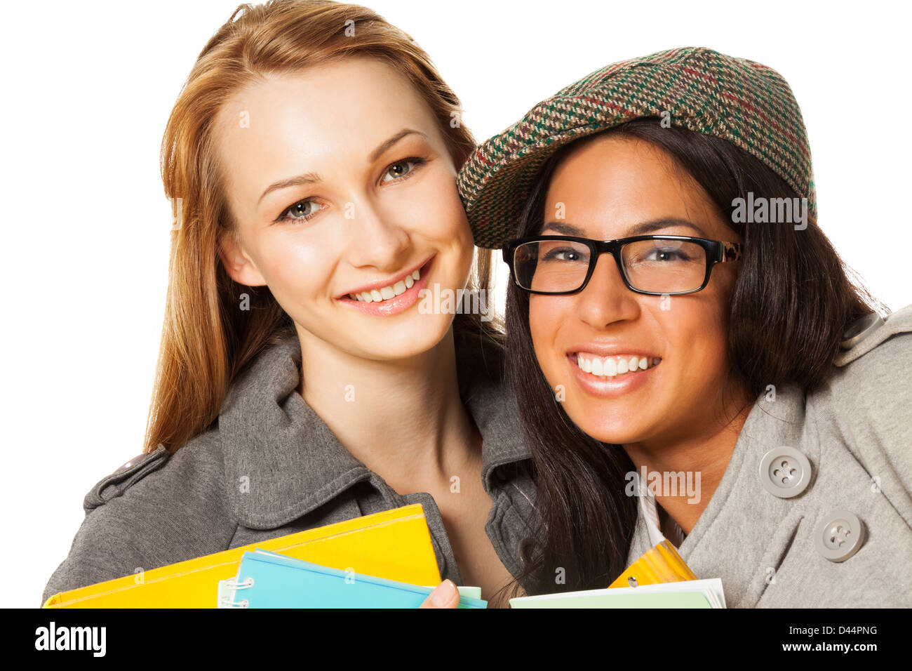 Two students smiling at camera isolated on white Stock Photo - Alamy