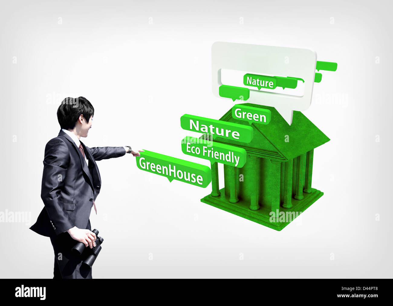Businessman Pointing At A Greek Building With Green Related Words Stock Businessman Pointing At A Greek Building With Green Related Words Stock