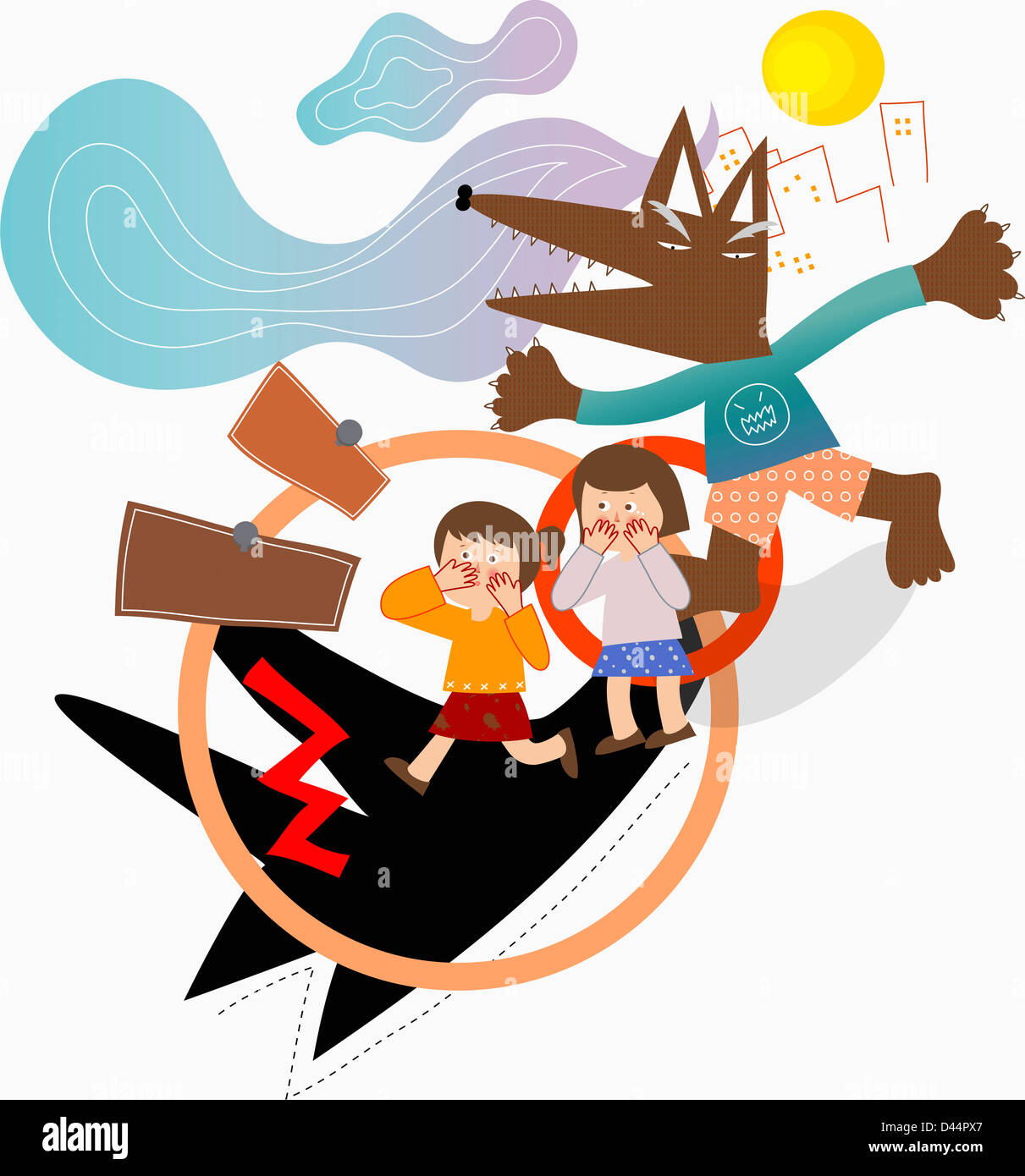 illustration of kids and a wolf Stock Photo - Alamy