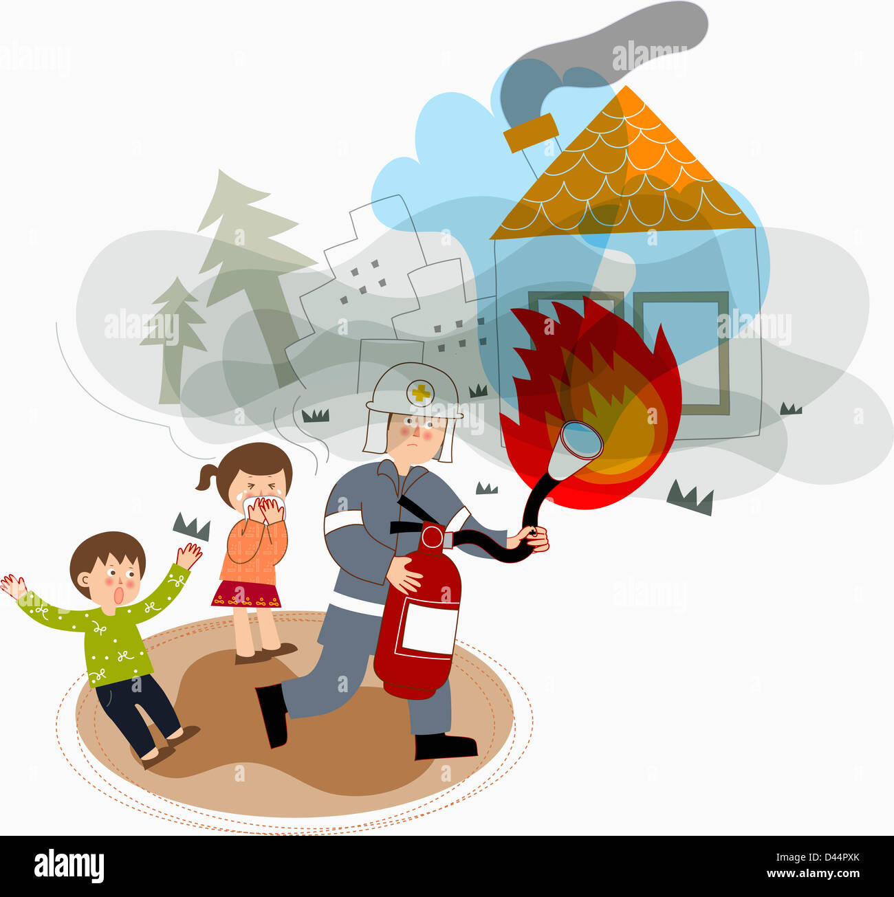 illustration of kids fireman turning off the fire Stock Photo - Alamy