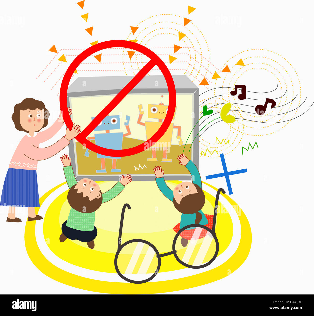 illustration of no sign on kids watching TV Stock Photo - Alamy