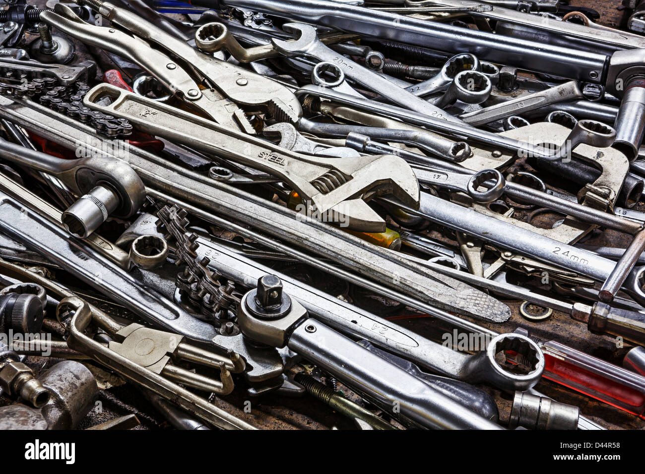 Many hand tools in car garage Stock Photo - Alamy