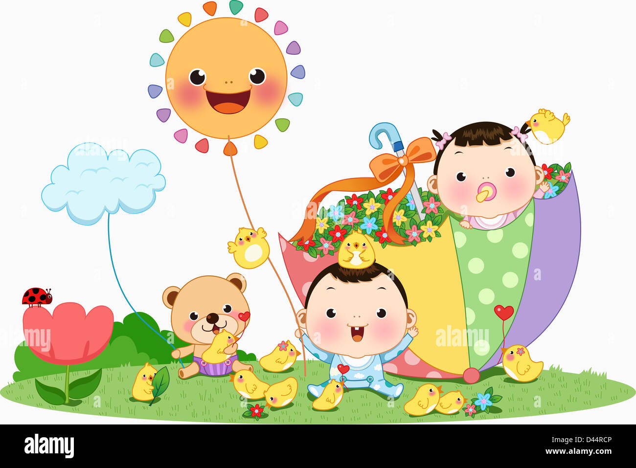 illustration of two babies in a garden Stock Photo - Alamy