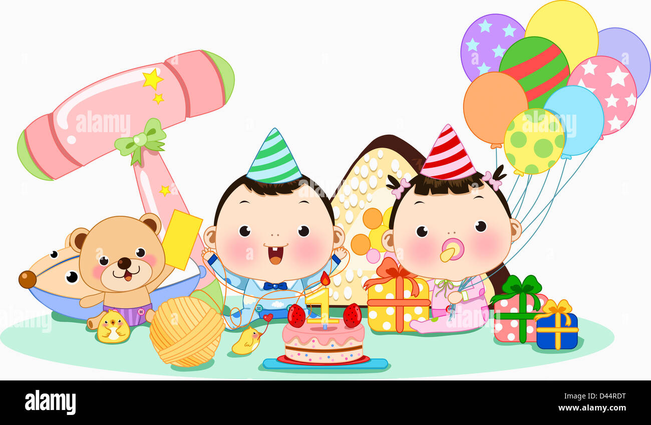 illustration of two babies having a party Stock Photo - Alamy