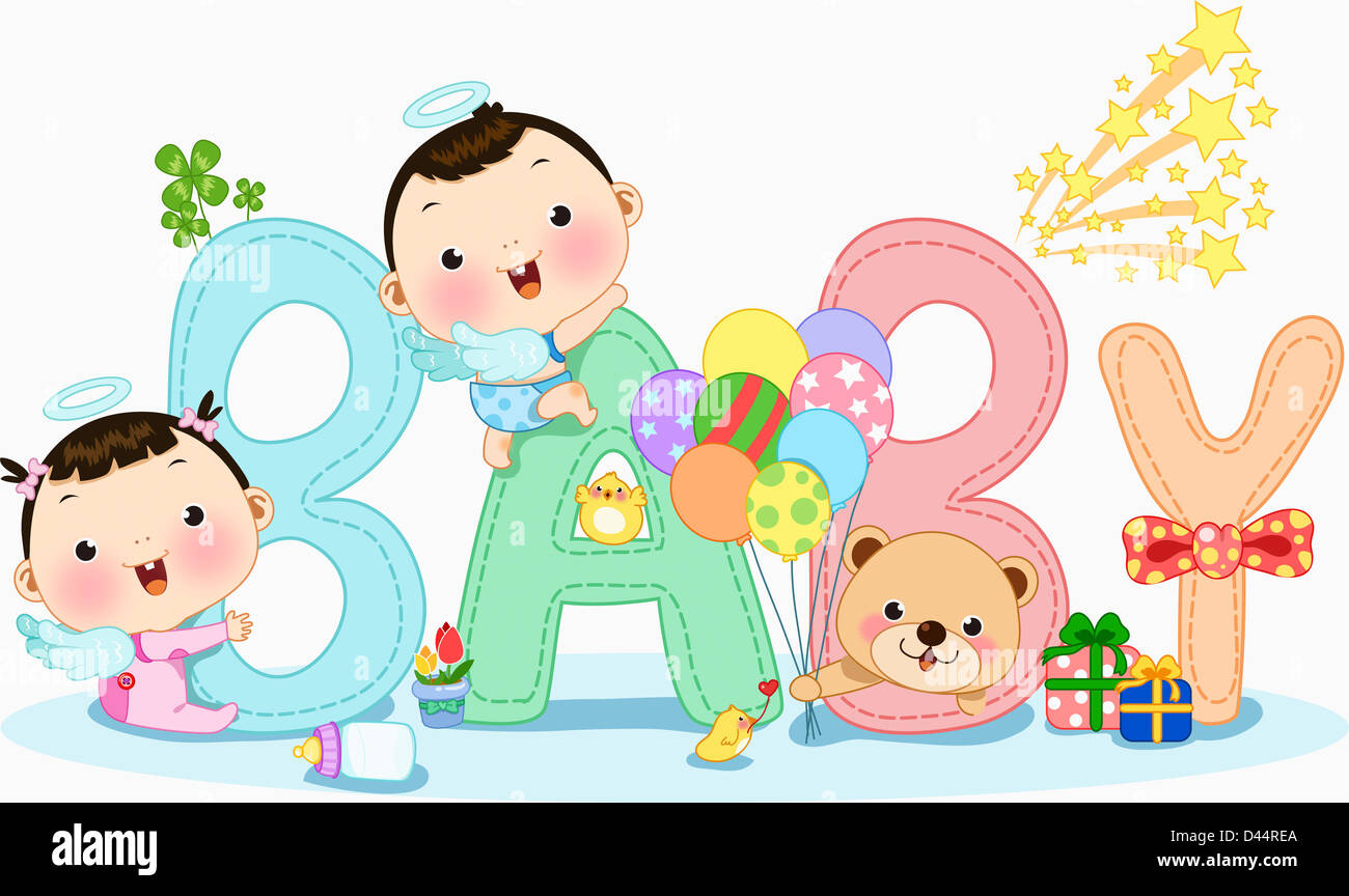 illustration of two babies with a baby word Stock Photo - Alamy