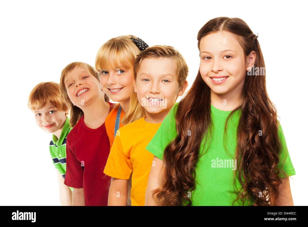 Five happy kids standing in a line each behind other, with natural ...