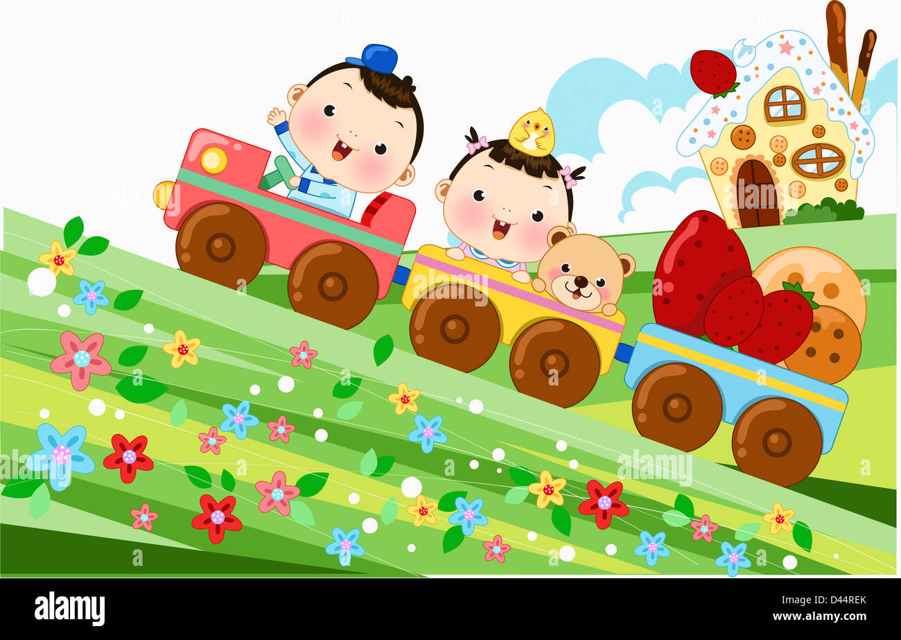 illustration of two babies riding a train Stock Photo - Alamy