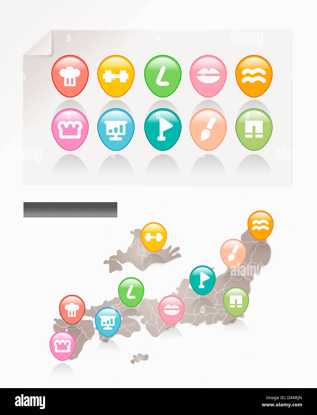 location icons on Japanese map Stock Photo - Alamy