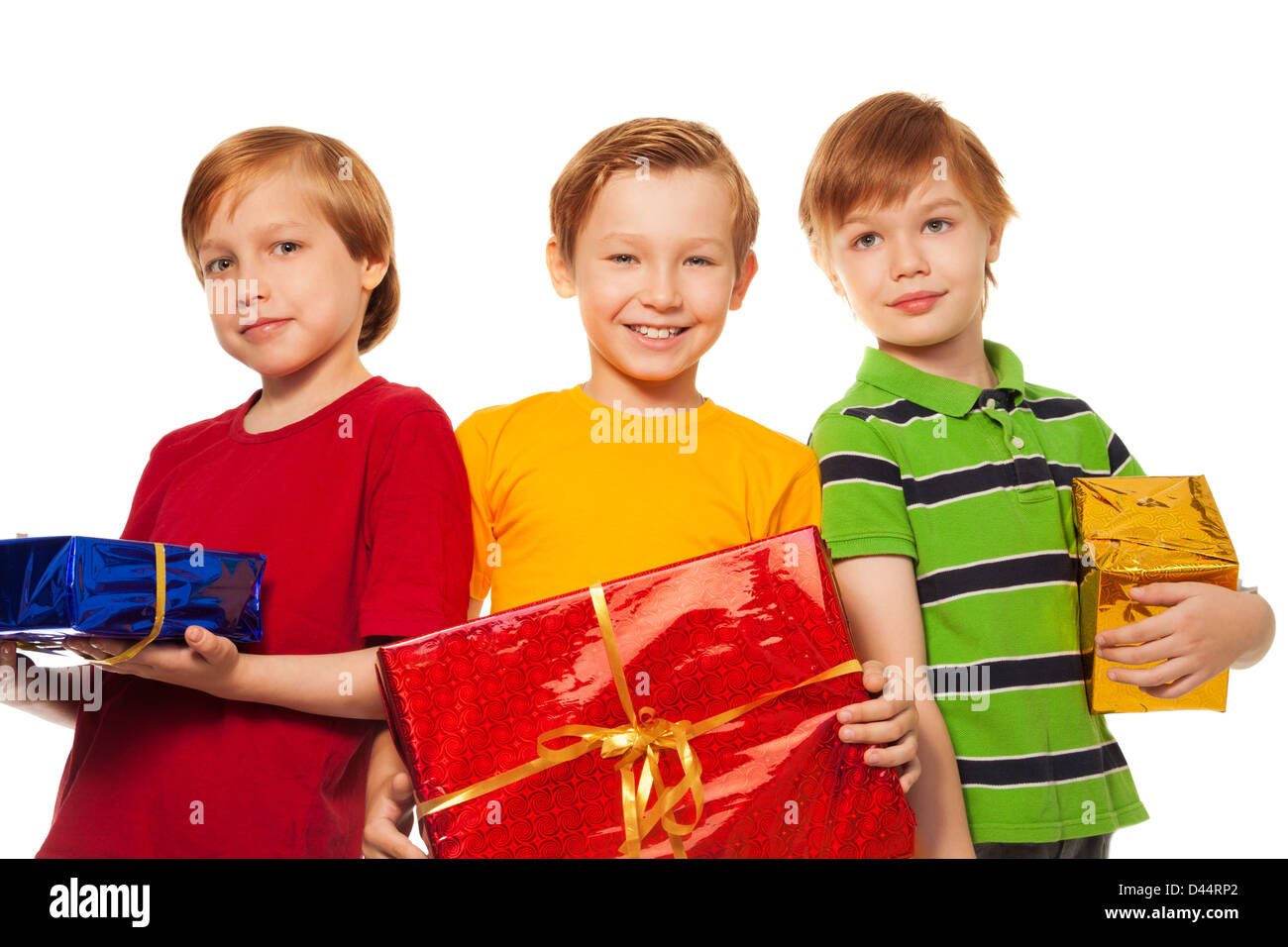 three happy friends with presents isolated on white Stock Photo - Alamy
