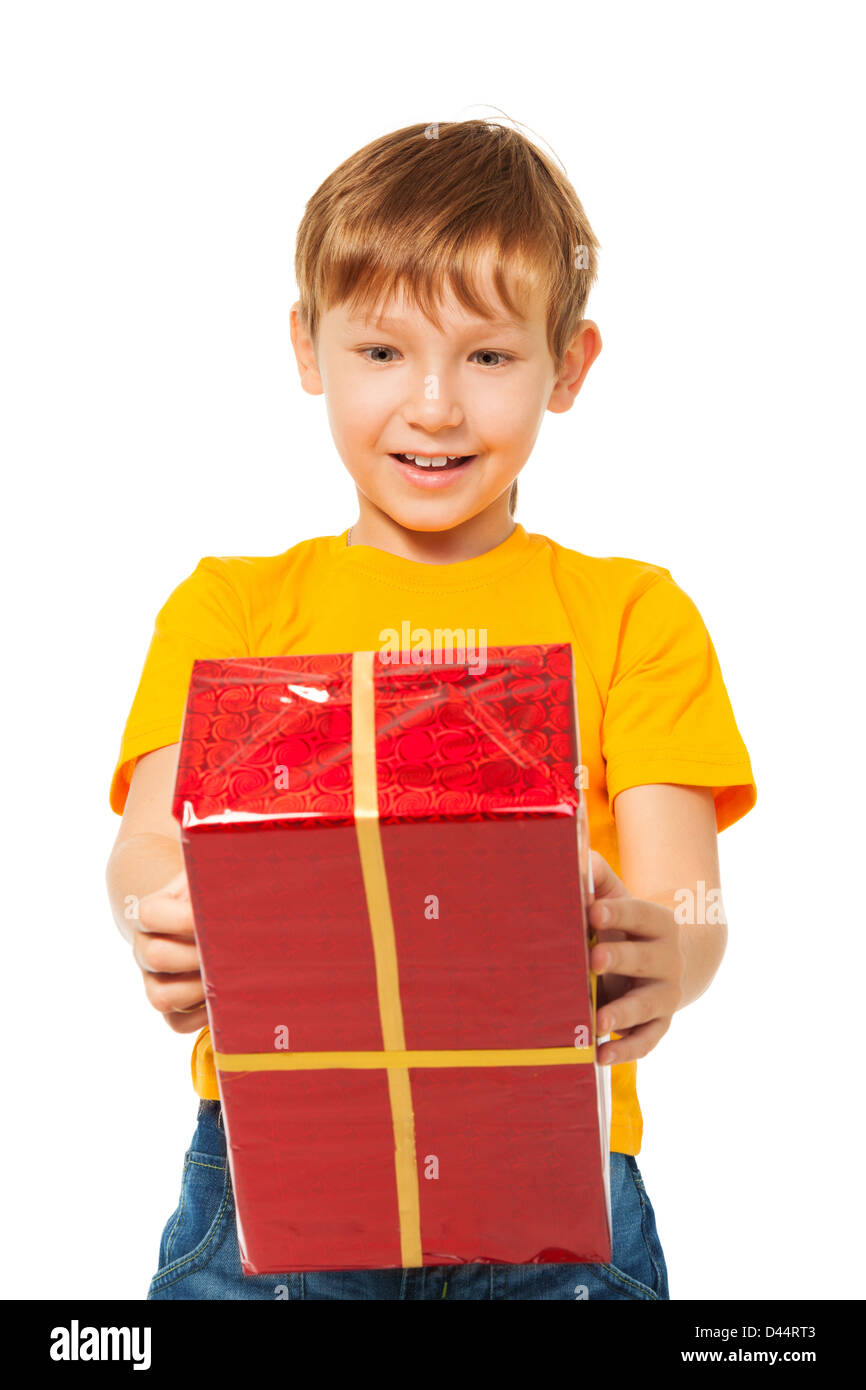 Surprised boy with wrapped box isolated on white Stock Photo - Alamy