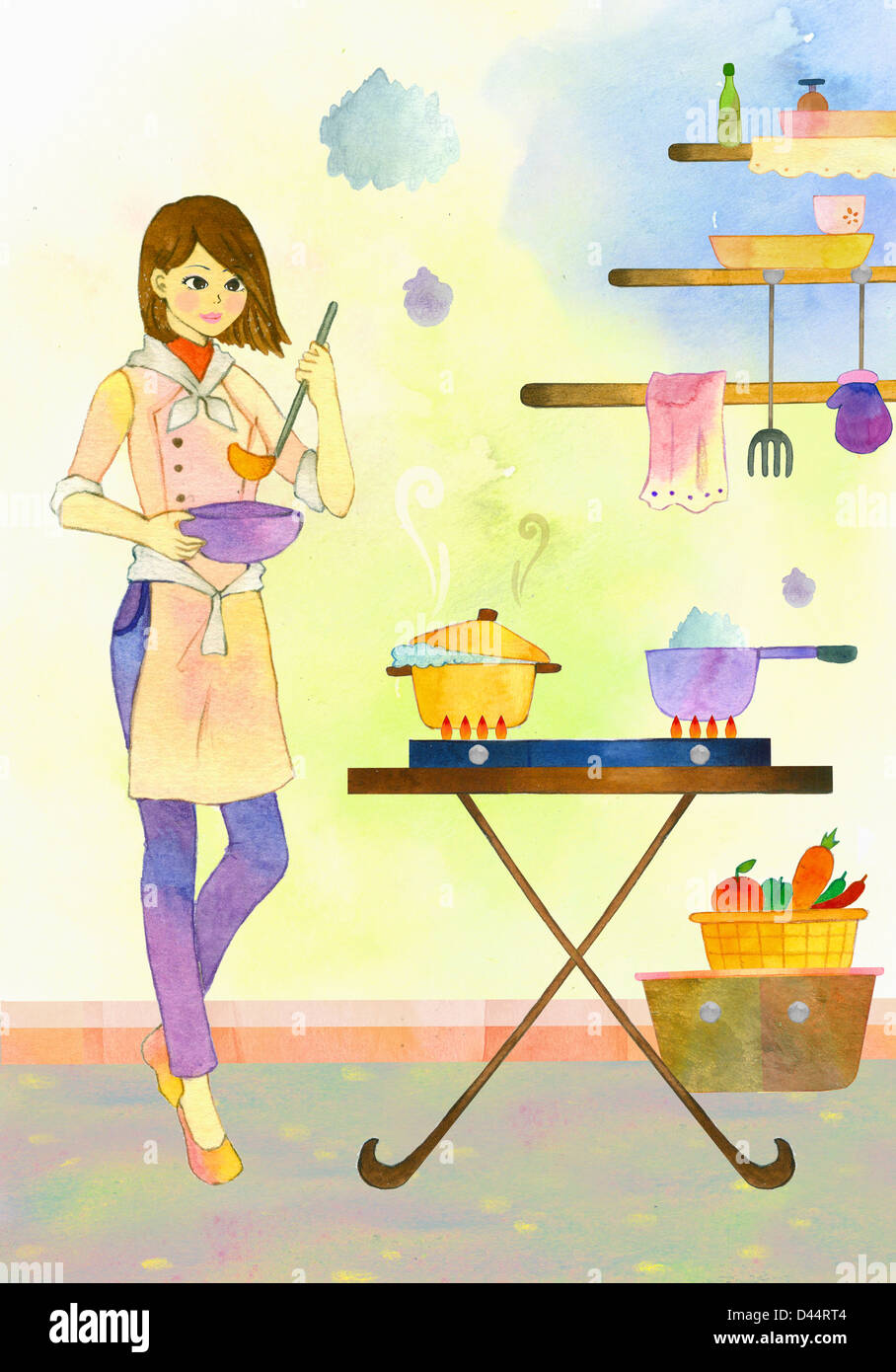illustration of a woman cooking Stock Photo - Alamy