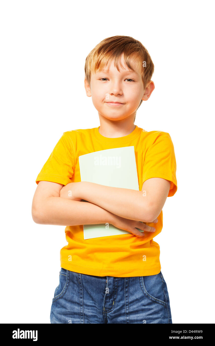 nice boy with exercise book isolated on white Stock Photo - Alamy