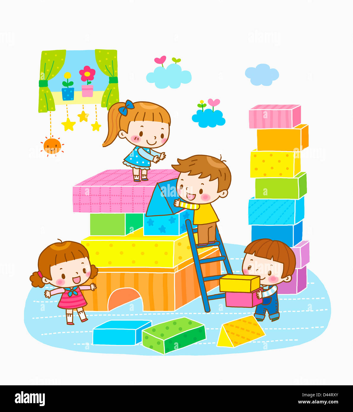 illustration of kids building with bricks Stock Photo - Alamy