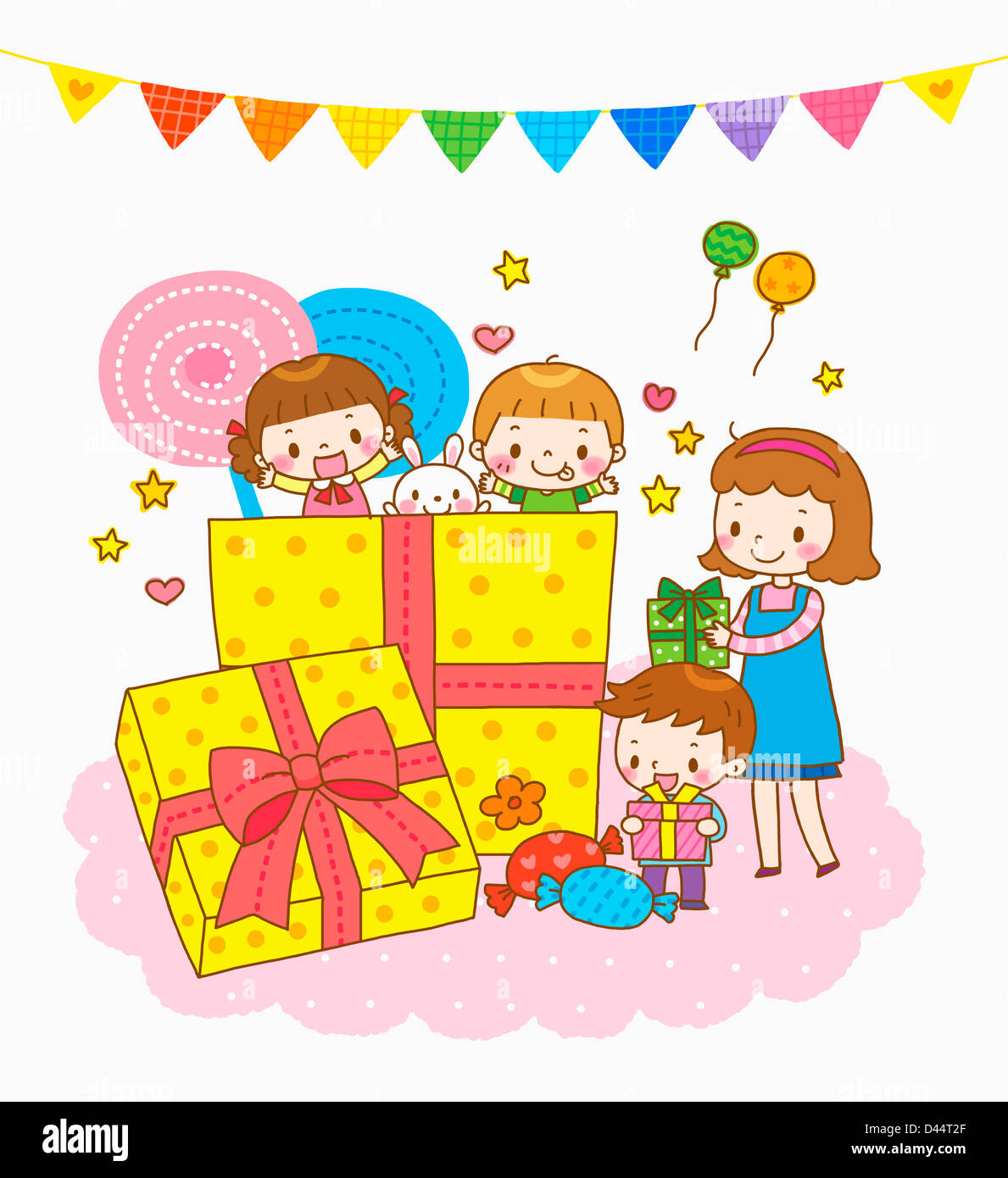 illustration of kids with presents in a party Stock Photo - Alamy