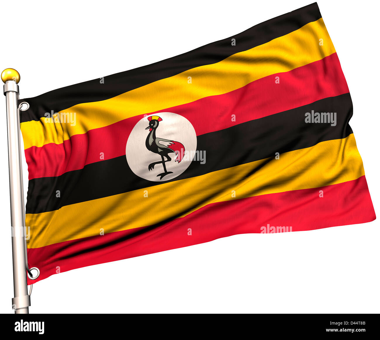 Uganda flag on a flag pole. Clipping path included. Silk texture ...
