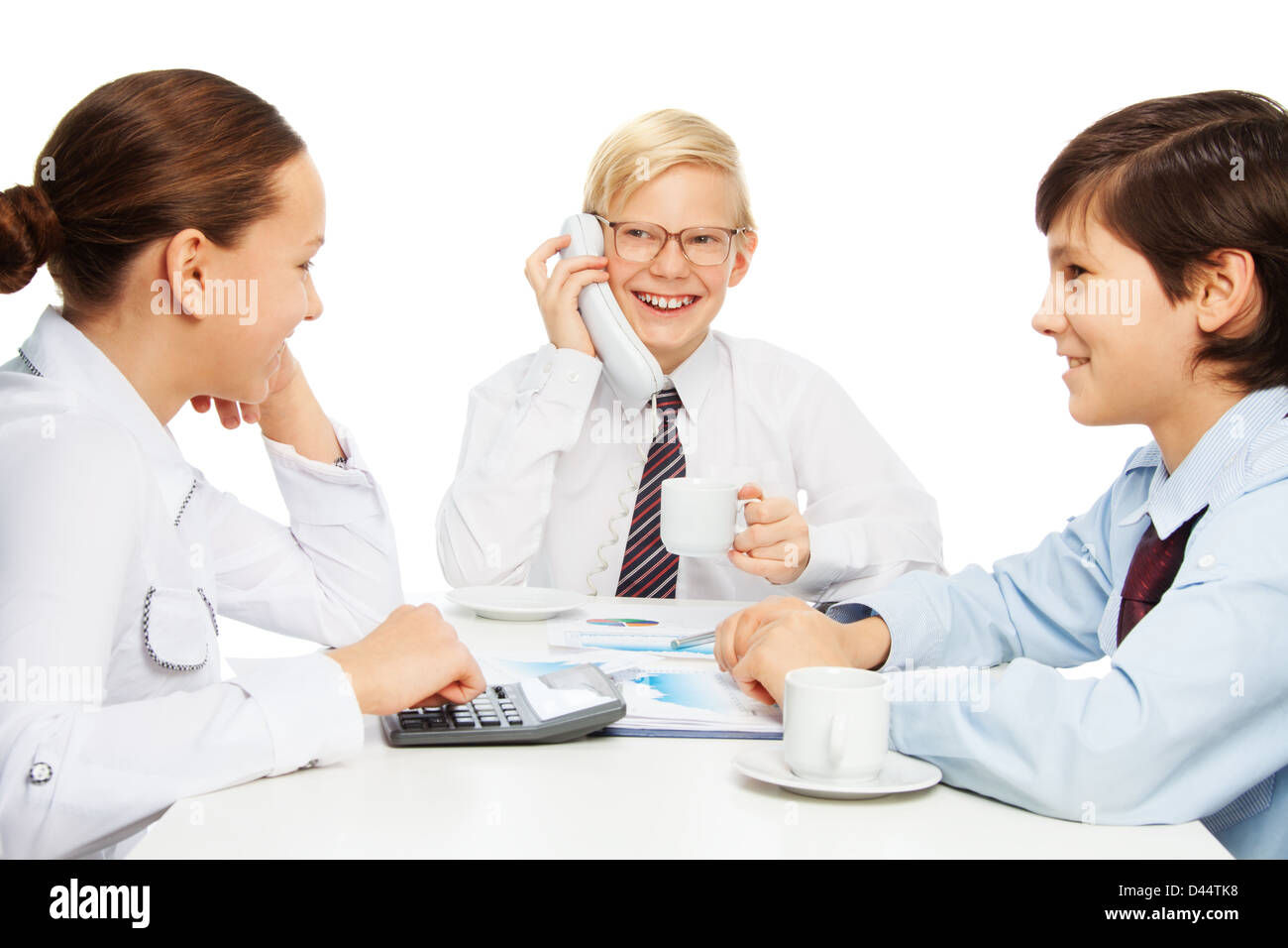 Little kids playing to be big clever smart adults sitting in the office ...