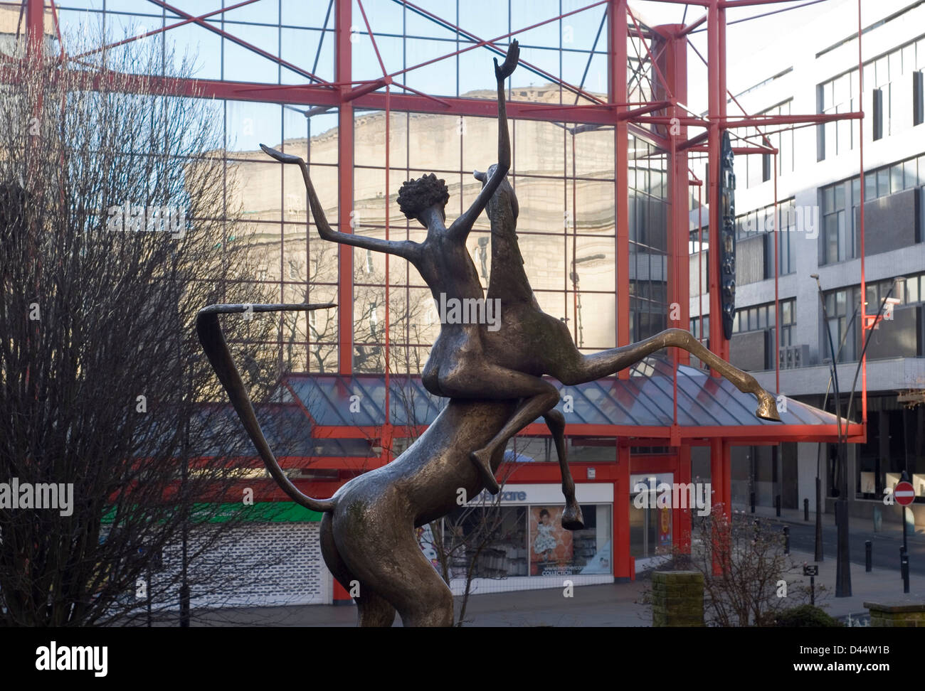 Horse & Rider sculpture by David Wynne and reflections in the windows ...