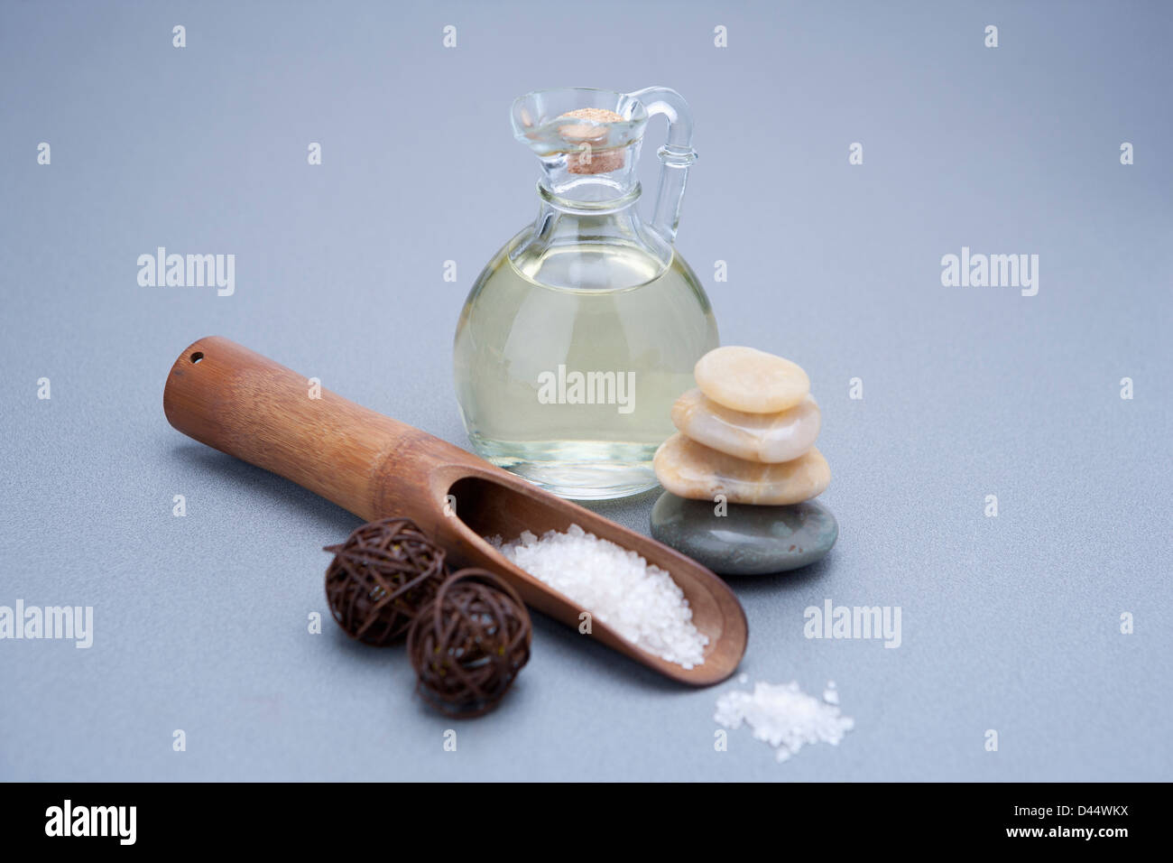bathing crystals, soaps and a bottle filled with liquid Stock Photo - Alamy